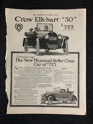 1916 CROW MOTOR CAR COMPANY 11x145" Automotive Print Ad VG+ 4.5 Crow ...