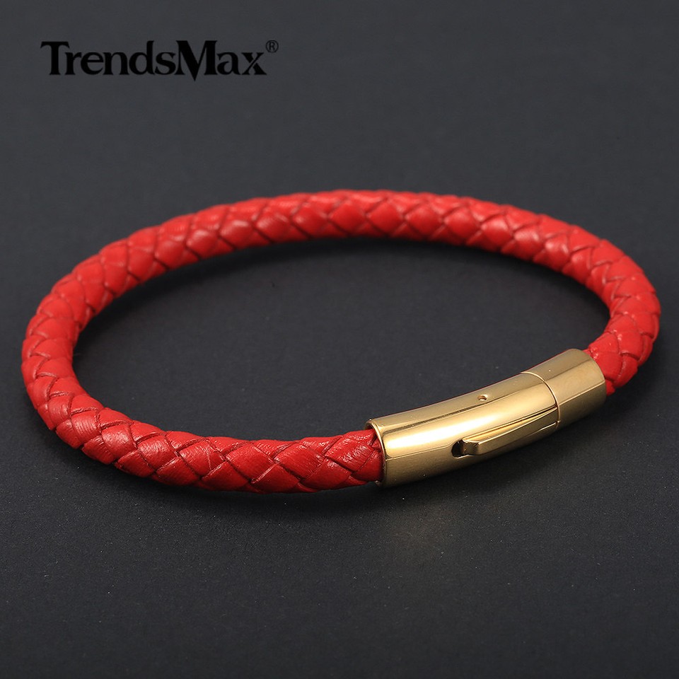 6mm For Men Women Braided Leather Rope Bracelet Stainless Steel Gold ...