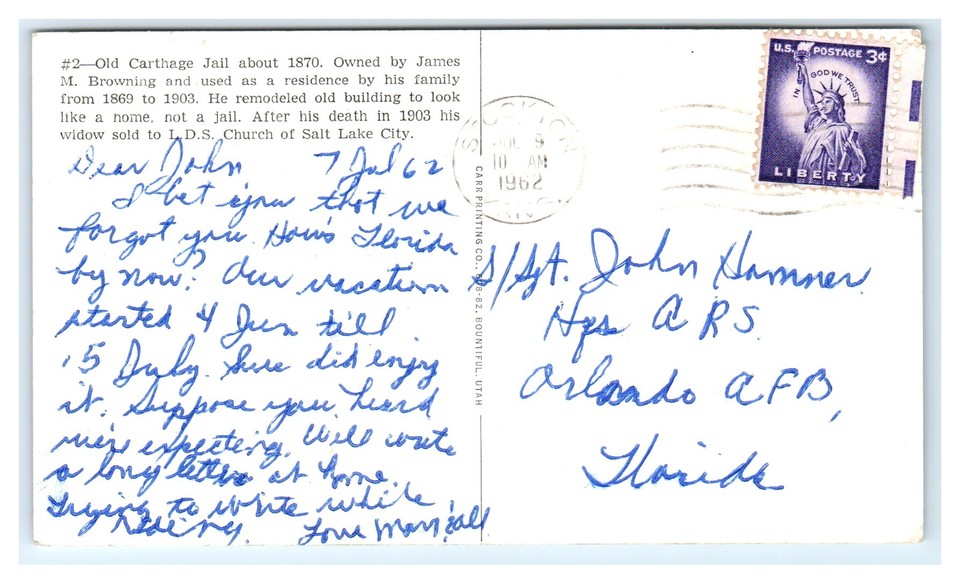1962 Carthage, IL Postcard- OLD CARTHAGE JAIL - BROWNING RESIDENCE ...