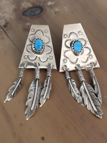 NATIVE AMERICAN STERLING SILVER TURQUOISE CAST FEATHERS SIGNED Y T ...
