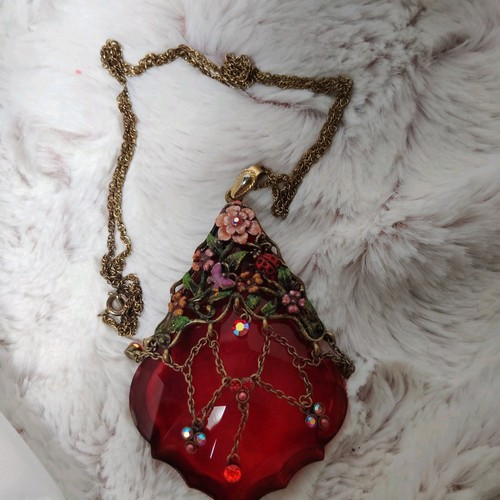 Vintage Large Lucite Gem Pendant Necklace W/ Enamel Floral Victorian ...