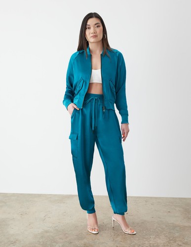 GSTQ Women's Satin Bomber Jacket Blue Size Small | eBay