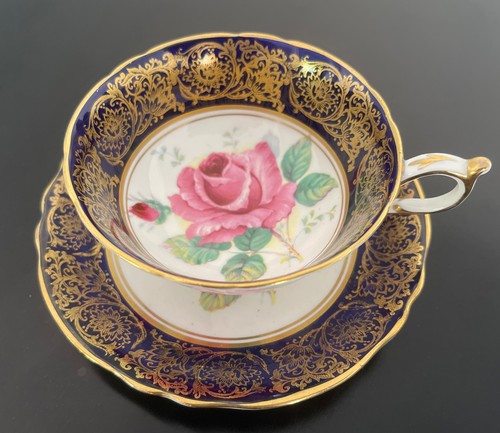 Paragon England Tea Cup Saucer Large (3) Pink Cabbage Roses On Cobalt ...