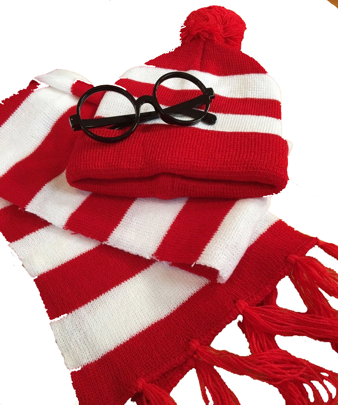 Red White Stripe Wheres Waldo Beanie Hat Scarf & Glasses Costume ...