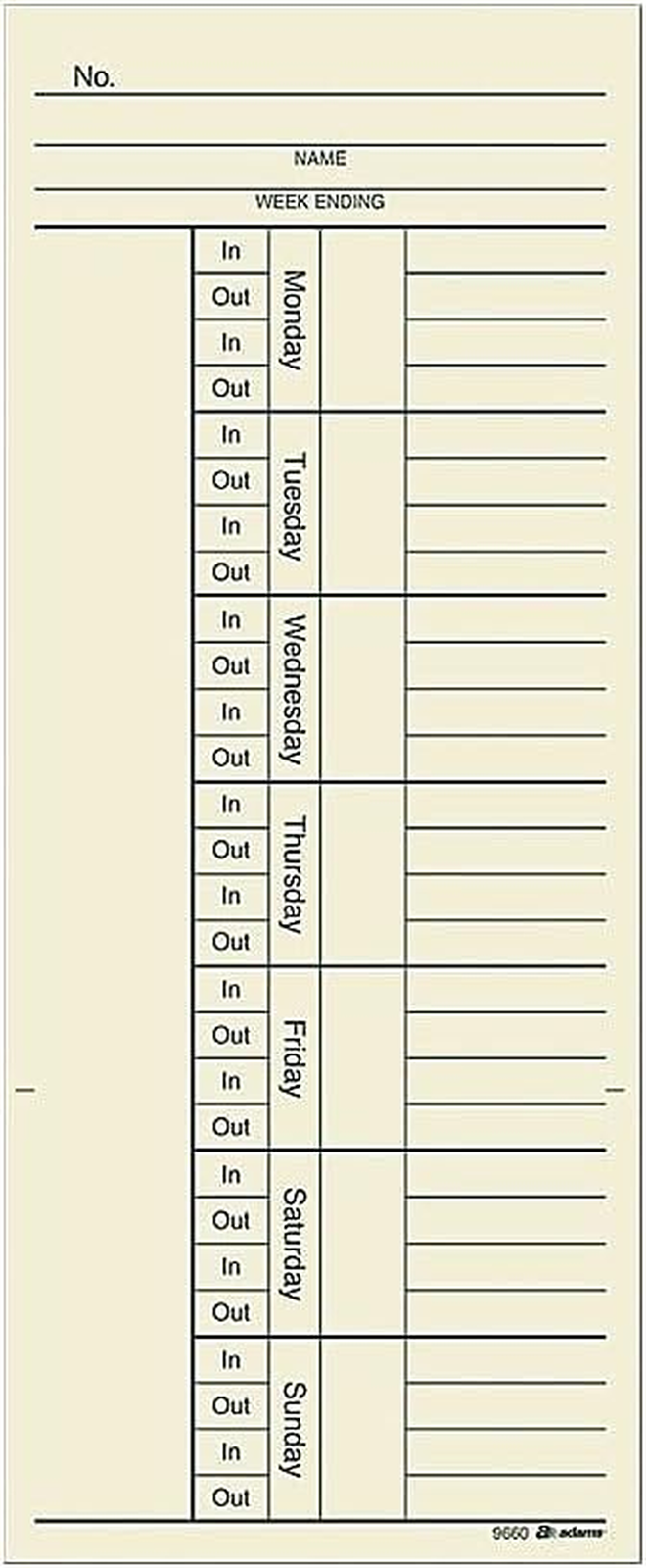Adams Time Cards, Weekly, 2-Sided, Overtime Format, 3-3/8" X 8-1/4 ...