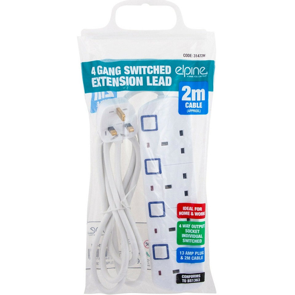 Extension Lead 4 Way Switches Plug Extension with 2M Cable Mult Socket ...