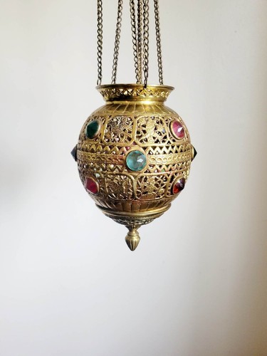 Antique Pierced Brass Jeweled Miniature Hanging Candle Lamp Light ...