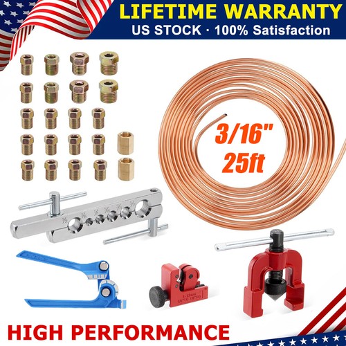 25Ft 3/16" Copper Coated Brake Line Kit + Single Flaring Tool Kit + 22 ...