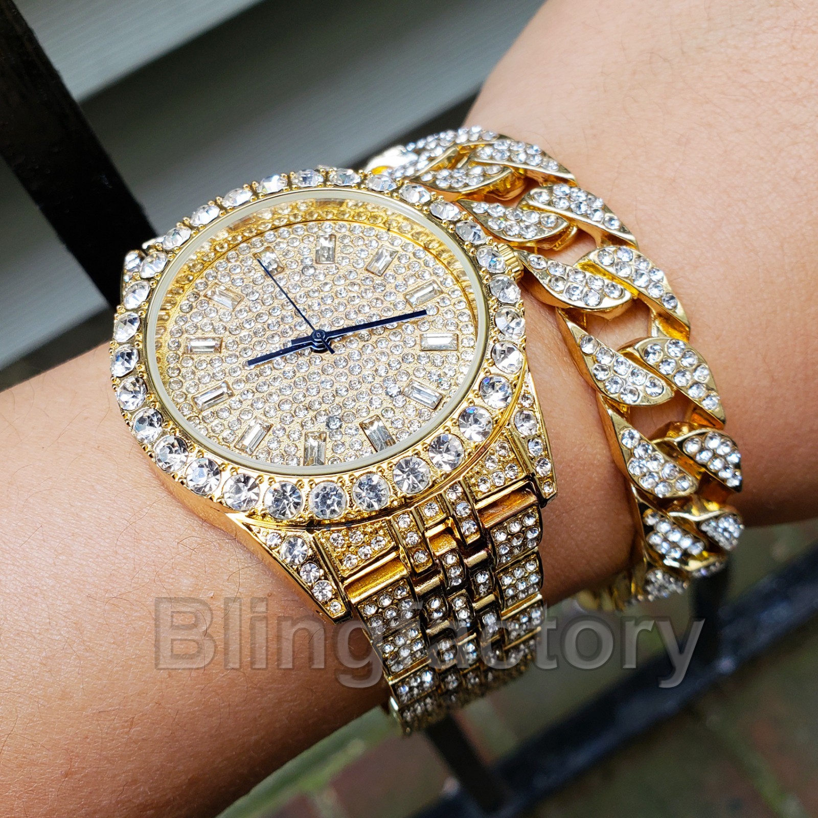 MEN'S QUAVO HIP HOP GOLD PT LUXURY WATCH & FULL ICED CUBAN BRACELET ...