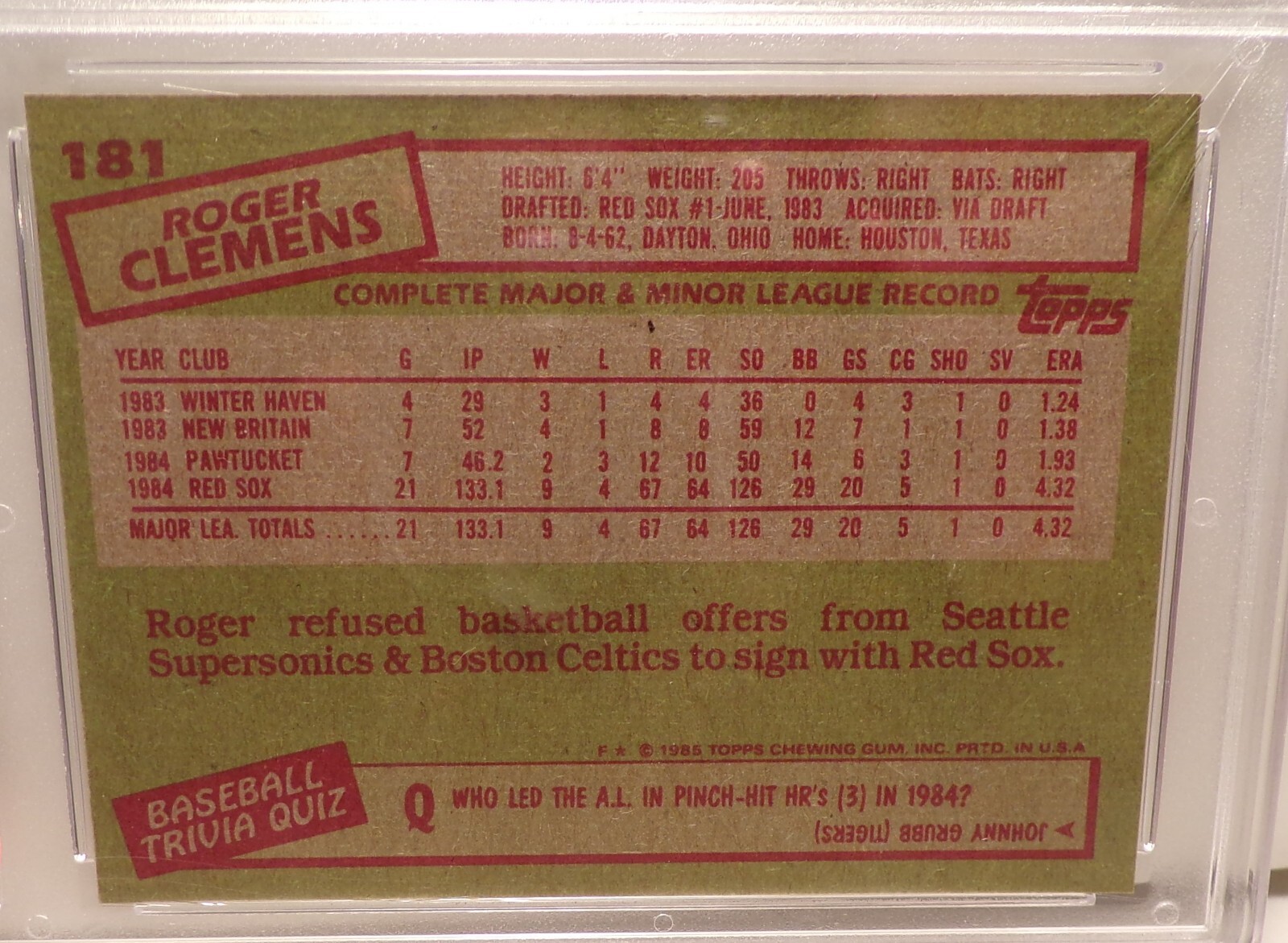 1985 Topps #181 Rookie Roger Clemens Mint RC Boston Red Sox | eBay