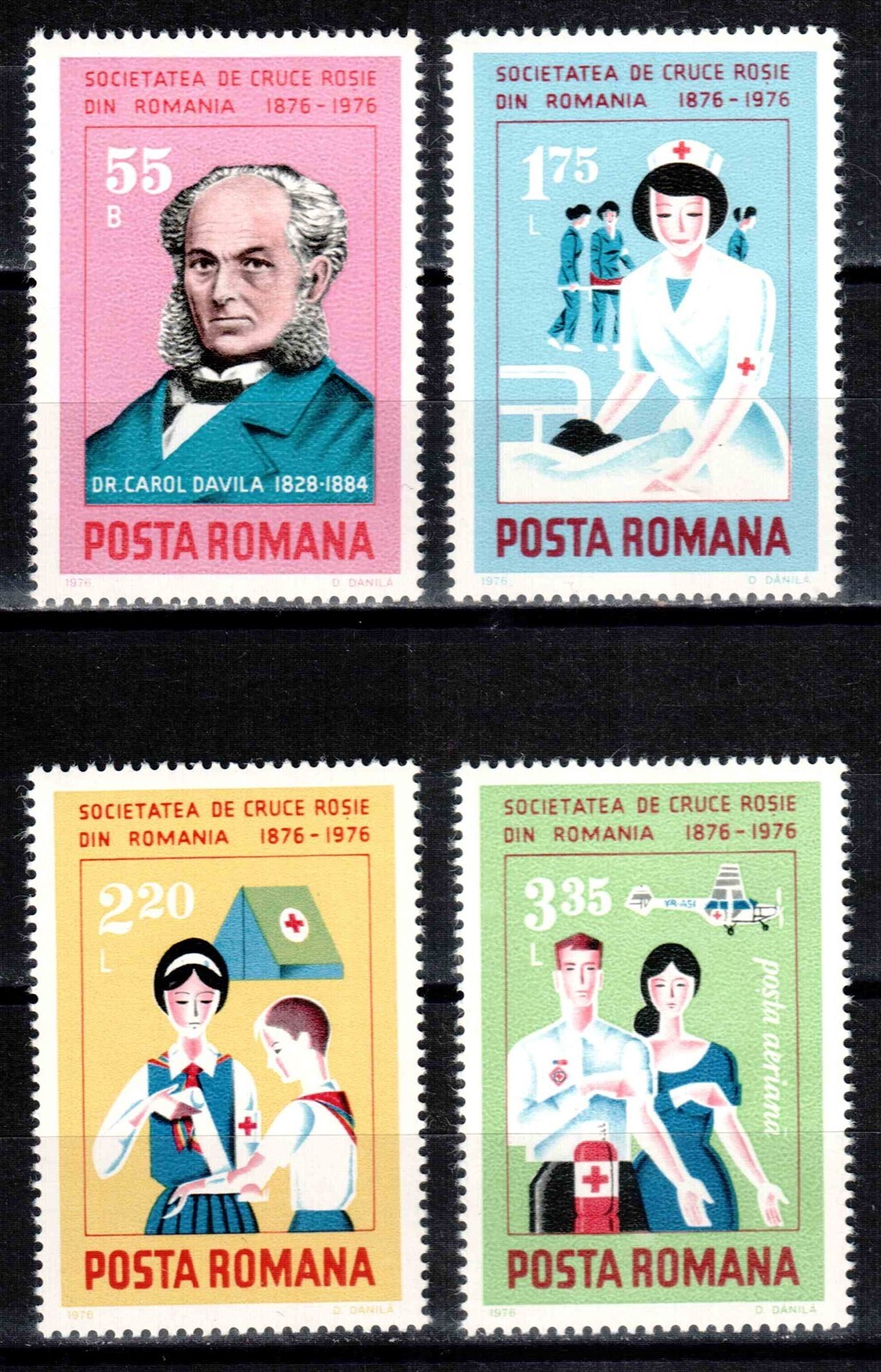 Romania 1976, Mi#3336-3339, Sc#2617-2619 + C199, Red Cross, Carol ...