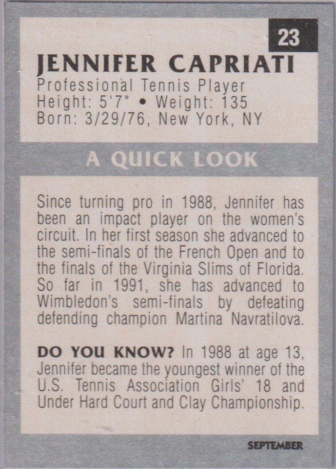 JENNIFER CAPRIATI; 1991 TUFF STUFF, JR. MAGAZINE INSERT CARD No. 23 PRO ...