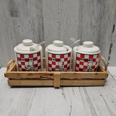 Vintage Ceramic Red Checkered Condiment Set Ketchup Mustard Relish ...