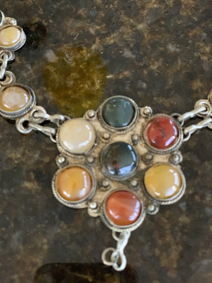 Vintage Rare Heirloom Silver Semi precious stone necklace multicolor ...