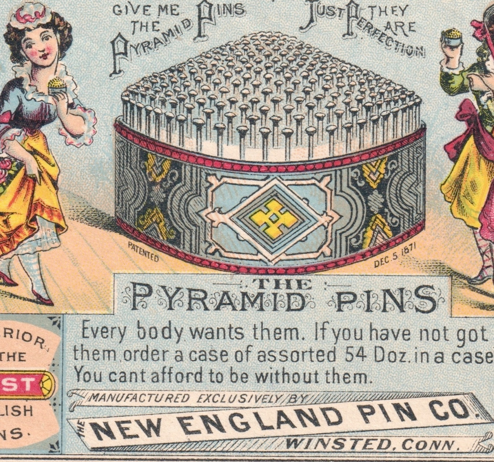 New England Pin Company 1800's Winsted CT Pyramid Pins Adv Victorian ...