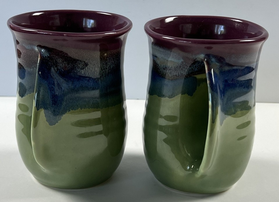 Lot of 2 Neher Pottery Hand Warmer Mugs Green Blue Purple Signed Dated ...