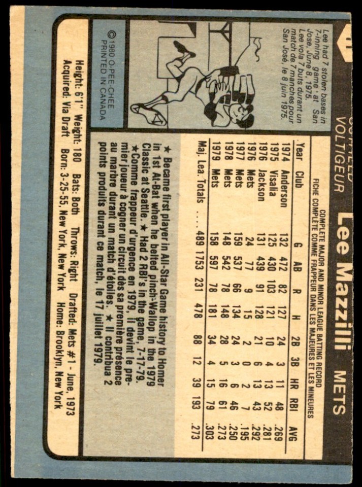 1980 O-PEE-CHEE LEE MAZZILLI NEW YORK METS #11 | eBay