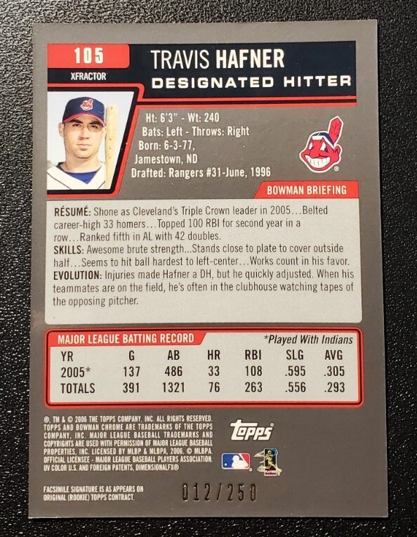 Travis Hafner 2006 Bowman Chrome Baseball X-Fractor /250 Refractor Card ...