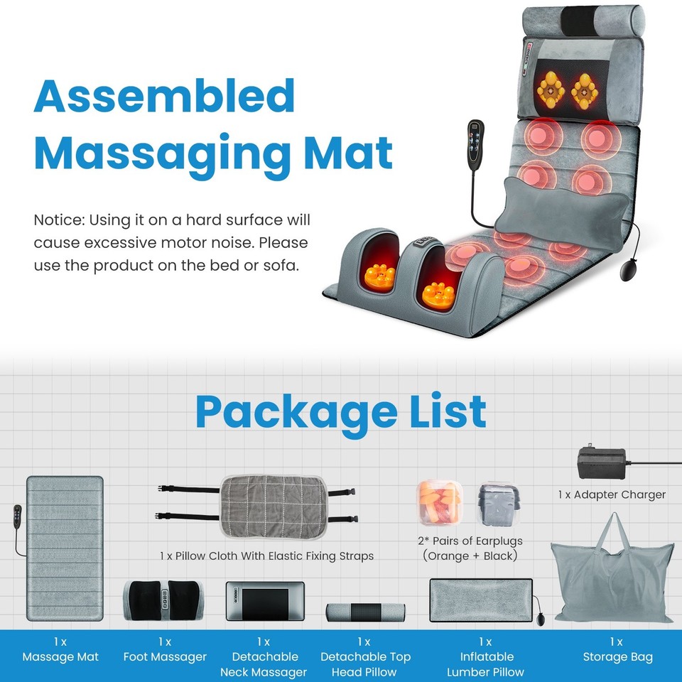 Full Body Electric Massage Mat Shiatsu Heated Back Massager Pad Cushion ...