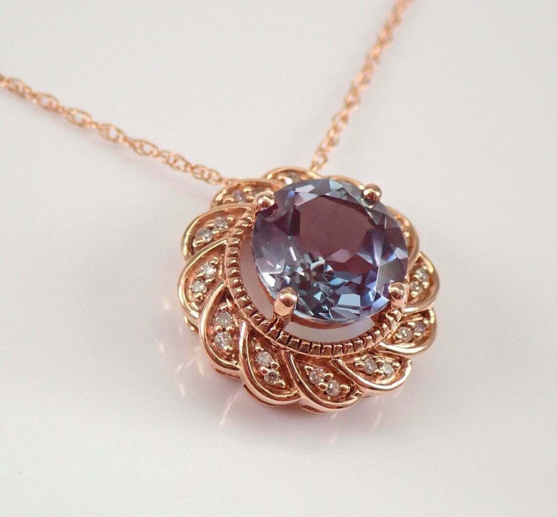2Ct Round Cut Alexandrite Diamond Halo Pendant 14K Rose Gold Over "18 ...