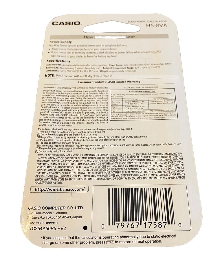 New Sealed Casio HS8VA Standard Function Pocket Size Basic 8 Digit ...