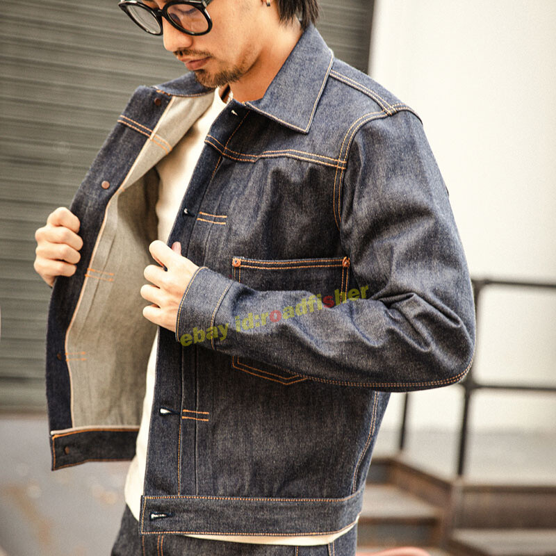 14OZ Raw Selvedge Denim Jeans Men's Motorcycle Jacket Cotton Outwear ...