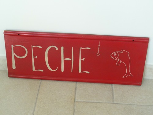 plaque en tole peinte PECHE art populaire FORAIN plaque no émaillée ...