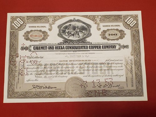 Vtg~ 1950 Calumet and Hecla Copper Company Stock Certificate 100 Shares ...