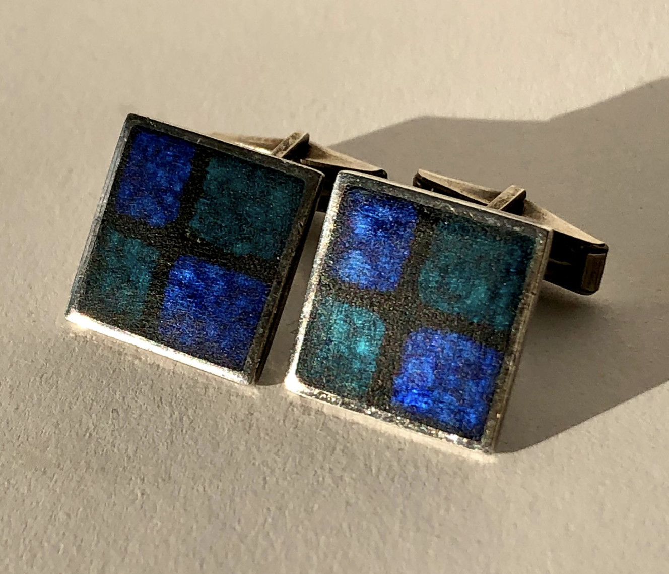1950s Perli German Modernist Blue Grid Silver Enamel … - Gem