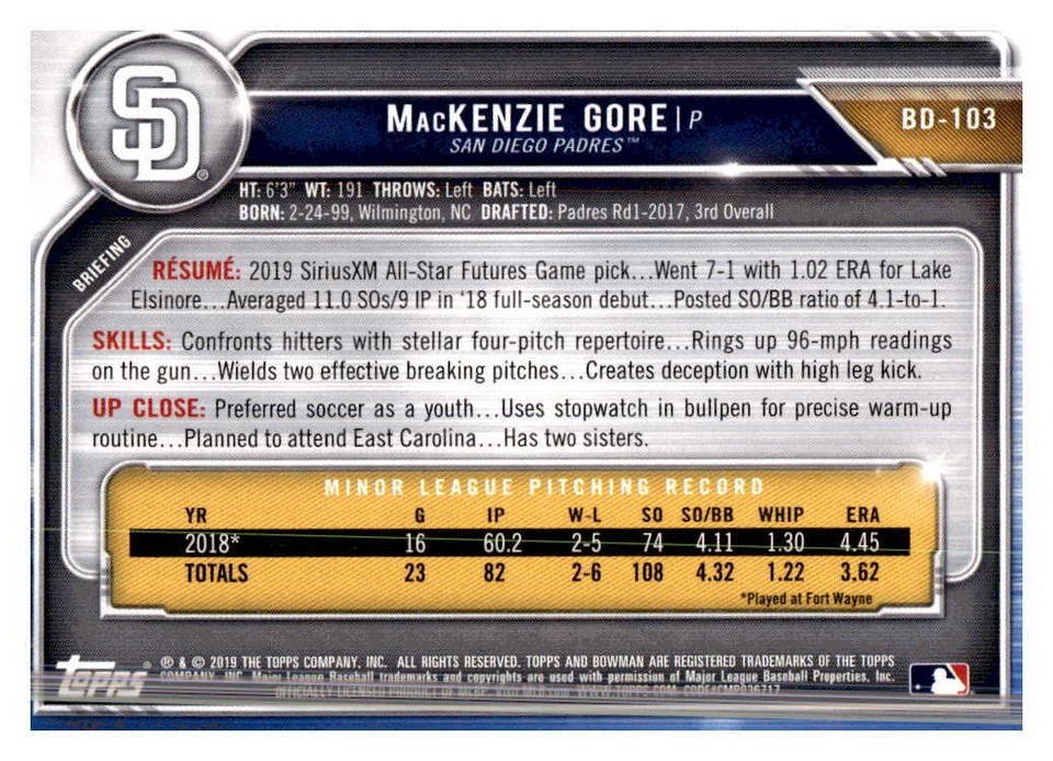 2019 Bowman Draft MacKenzie Gore BD-103 | eBay
