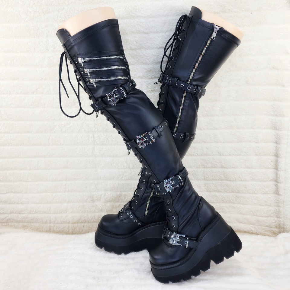 Shaker 420 Black sTRETCH 4.5" Wedge Heel OTK Thigh Boots Skulls Zippers ...