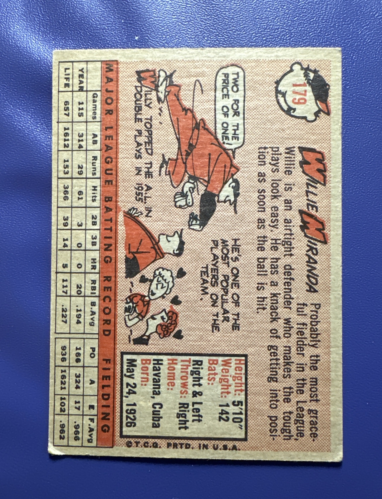 1958 TOPPS #179 WILLY MIRANDA BALTIMORE ORIOLES SHORTSTOP *FREE ...