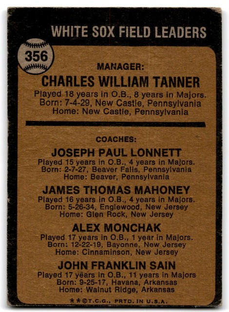 1973 Topps - #356 Jim Mahoney, Al Monchak, Johnny Sain, Chuck Tanner ...
