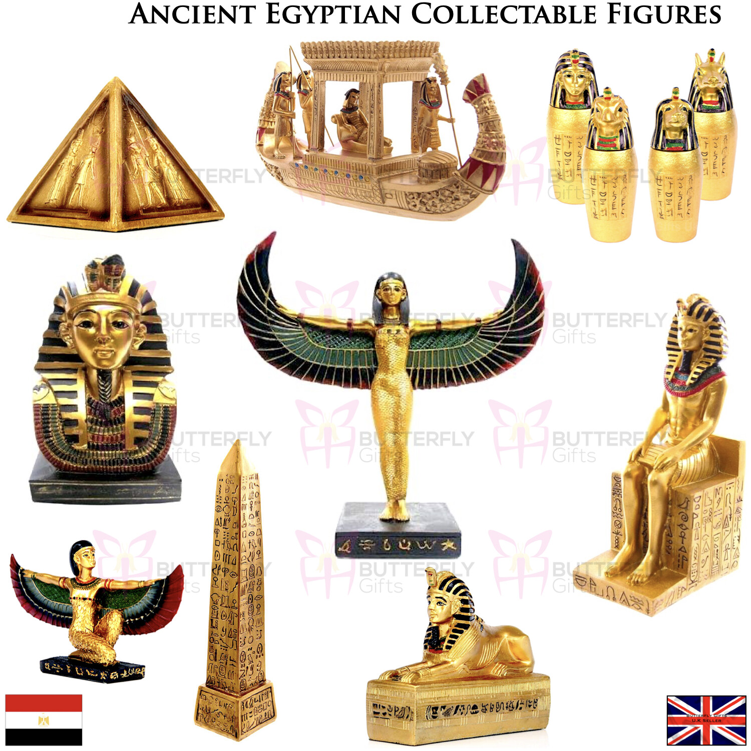 Ancient Egyptian Golden Figurines Tutankhamen Rameses II Sphinx Pyramid ...
