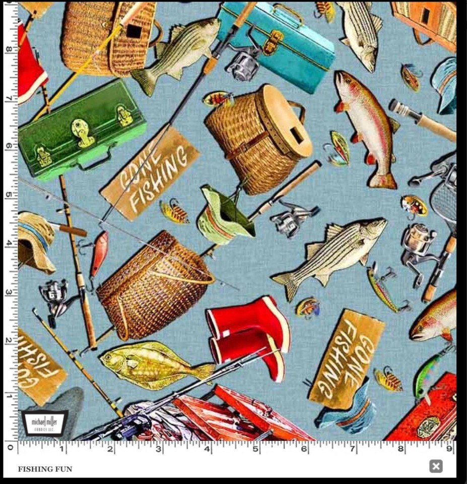 Fishing Fun by Michael Miller Fabrics, bait, tackle, rods, On Blue ...