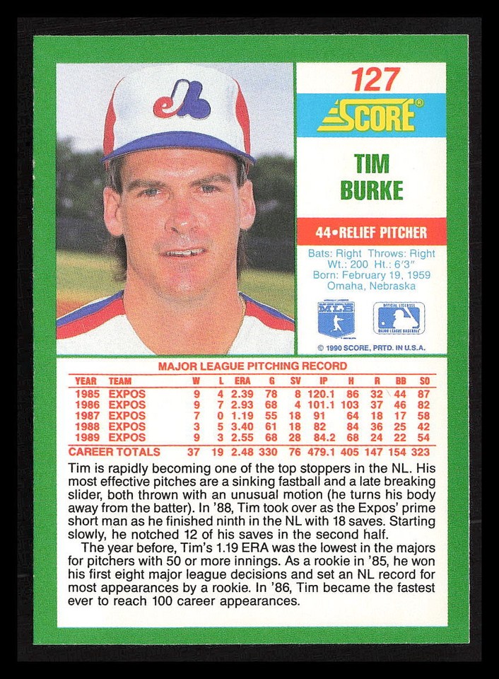 Tim Burke 1990 Score #127 Montreal Expos | eBay