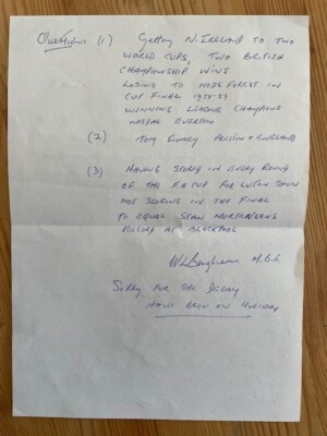 HAND WRITTEN and SIGNED LETTER from BILLY BINGHAM the SUNDERLAND ...
