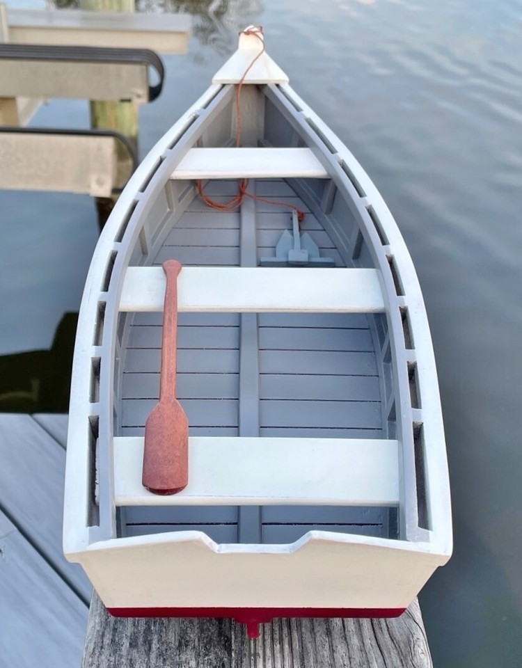 WOODEN SKIFF MODEL, 17.50 INCHES LONG, WITH ANCHOR, PADDLE AND DISPLAY ...