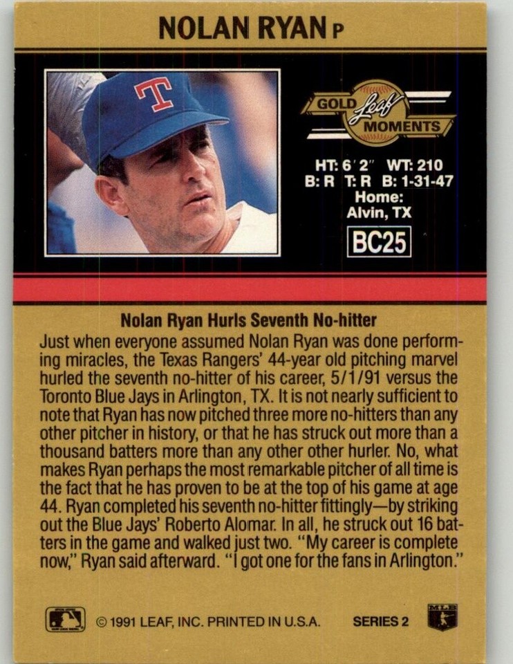 1991 Leaf Nolan Ryan Gold Rookies #BC25 Texas Rangers | eBay