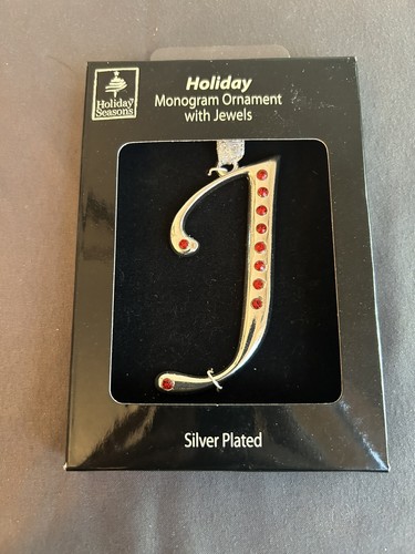 Initial Letter "J" Silver Tone Metal Christmas Ornament w/ red ...