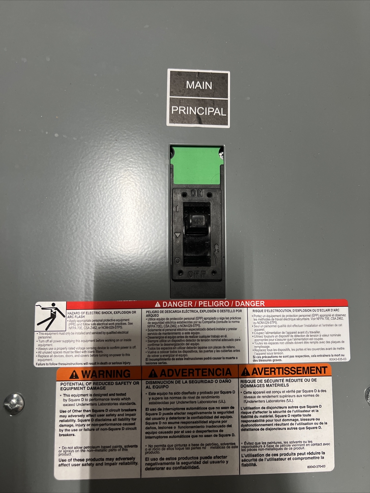 SQD NQ PANELBOARD MAIN BREAKER, 100AMPS 3 PHASE 4WIRE, 208Y/120Volt 30 ...