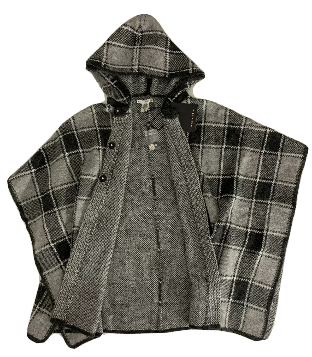 Max Studio Women's Poncho Double Knit Hooded Reversible Gray Plaid ...