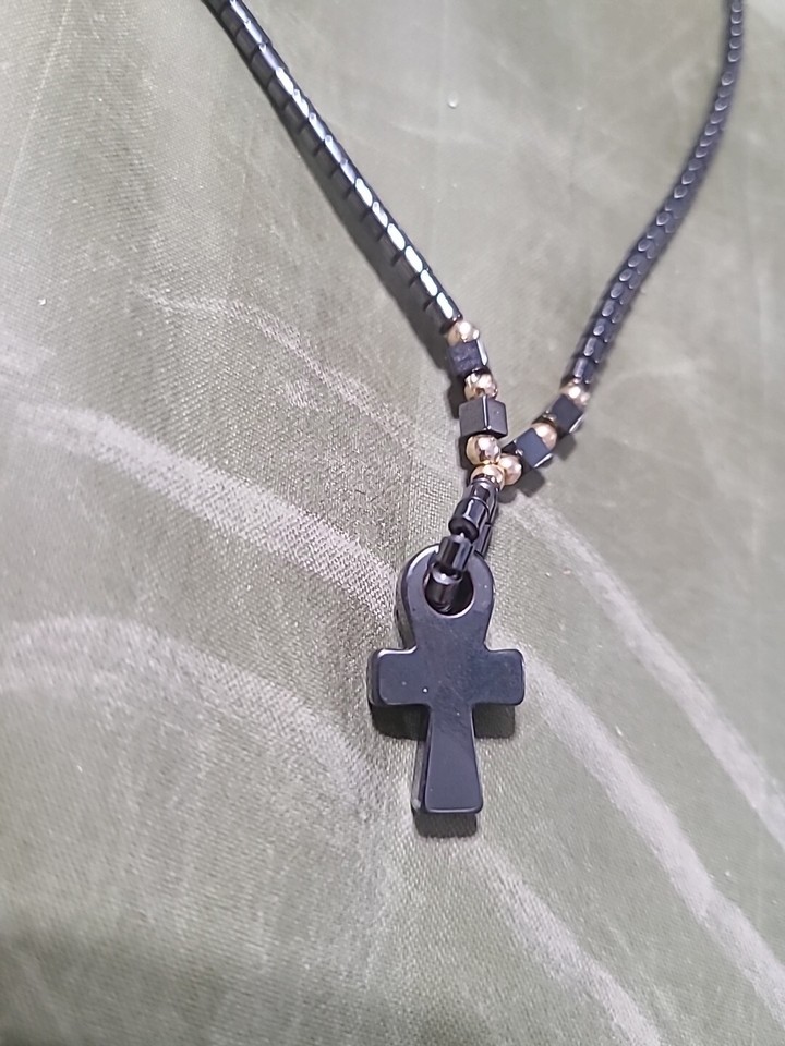 Nice Cross Necklace Dark Gray Black Barrel Clasp Charm Gold Tone Beads ...