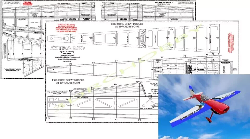 GIANT SCALE Extra 260 94" Wingspan RC Model Airplane Plans & Templates ...