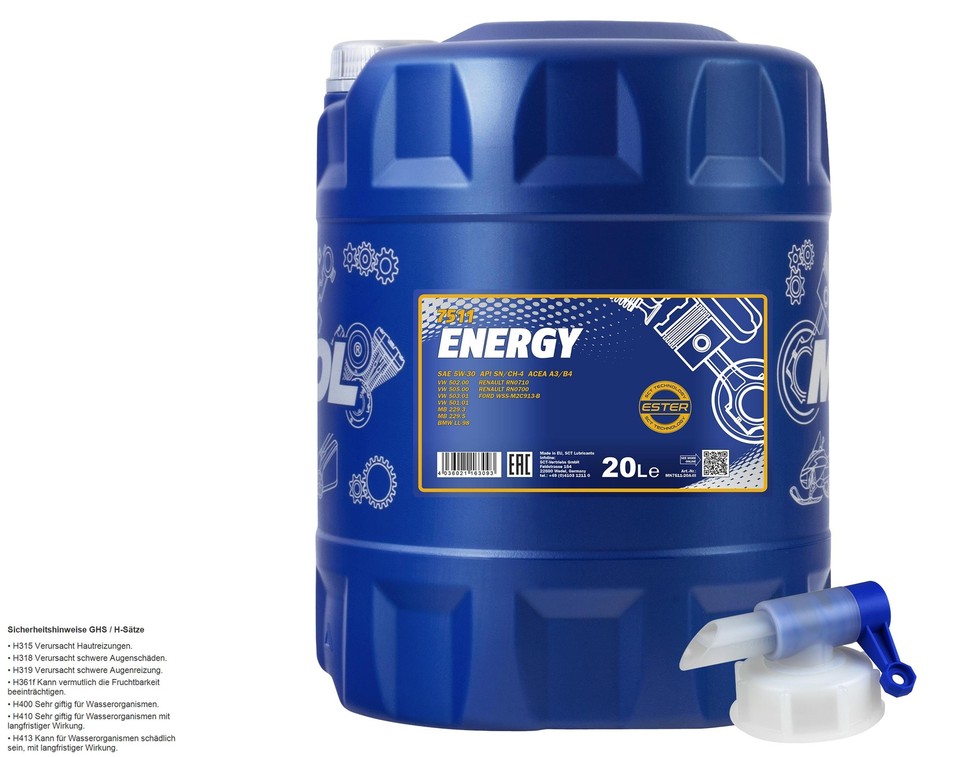 20 Liter MANNOL Motoröl Energy 5W-30 API SL/CF Engine Oil Öl inkl ...