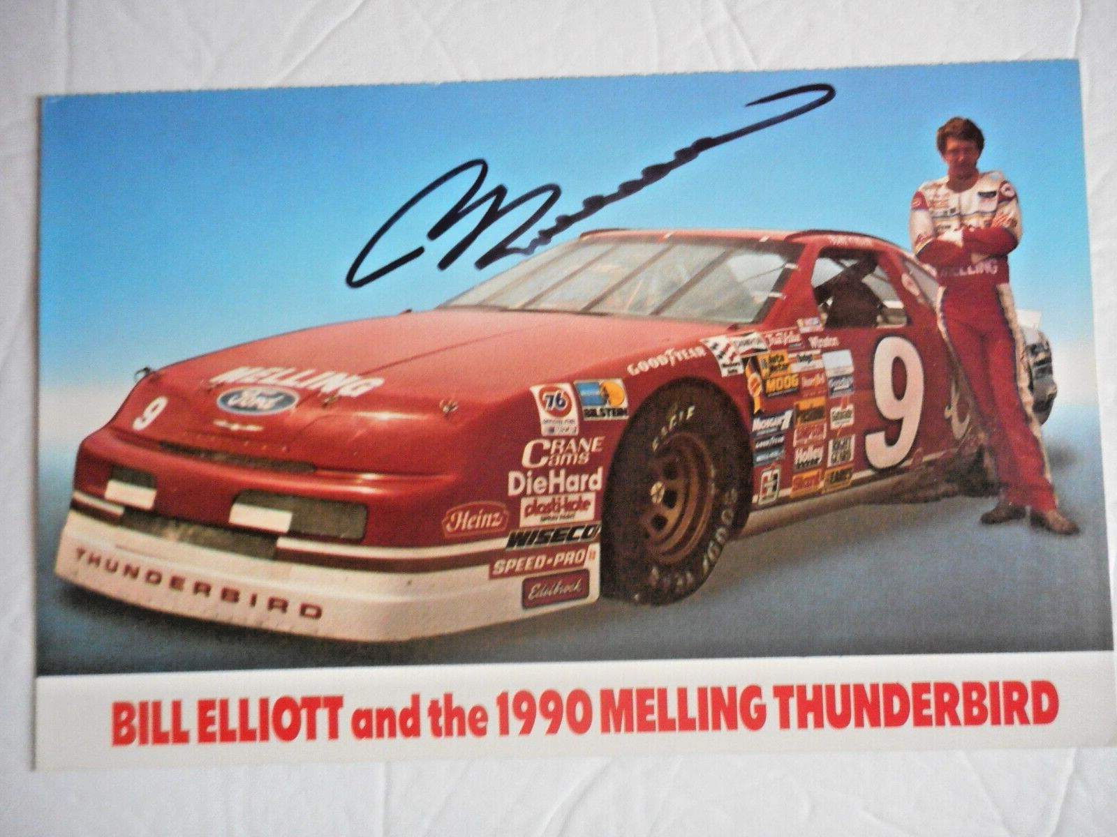 Bill Elliott signed 1990 #9 MELLING Ford T-BIRD Nascar 6x9 Postcard W ...