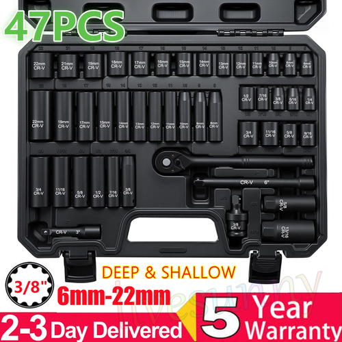 DEEP & SHALLOW IMPACT SOCKET RATCHET Set 3/8"Dr 47PCS 6-22mm 6pt Hex ...