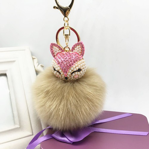 Fox Key Chain Lucky Charm with Pearl & Rhinestone Pompom Fashion ...