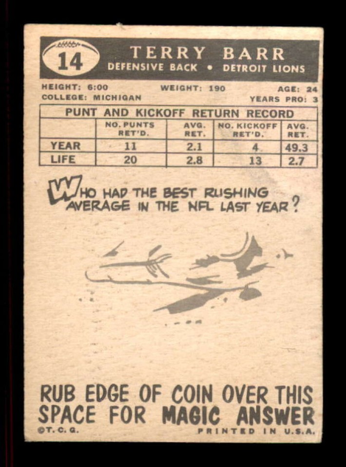 1959 Topps #14 Terry Barr G RC Rookie Lions 550452 | eBay