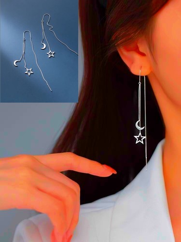 Fashionable Women's S925 Silver Star Moon Earline Tassel Simple Long ...